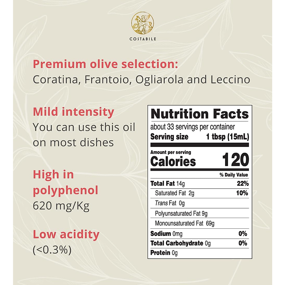 Extra Virgin Olive Oil Cold Pressed Organic. High polyphenol olive oil from Puglia Italy. Fresh harvest from a single estate - COSTABILE Classic Blend 8.45 Fl. Oz.