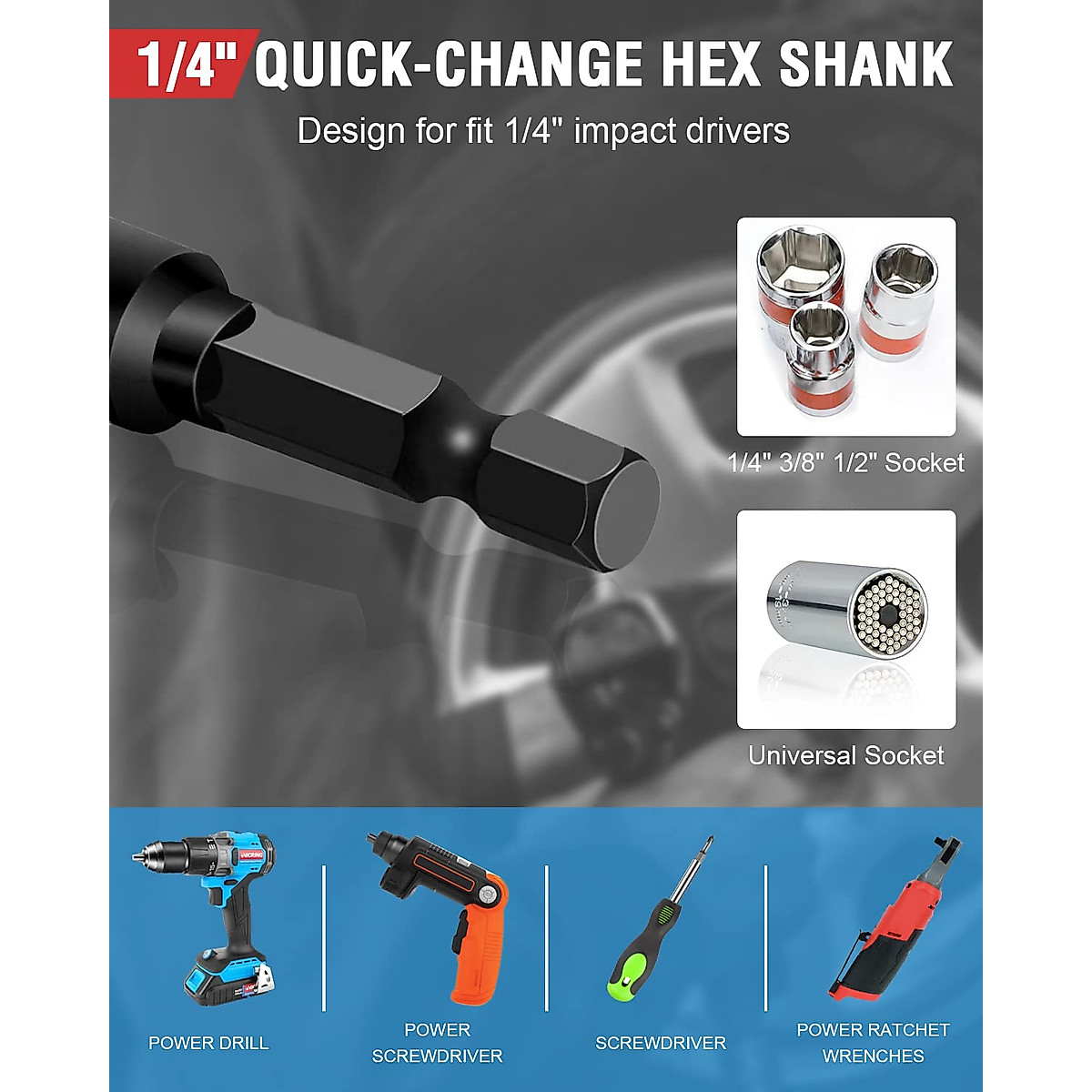 Impact Socket Adapter Set Impact Driver Socket Extension Set 1/4 3/8 1/2 Drive Socket Adapter for Drill Hex Shank Socket Driver set Turn Impact Drill Into High Torque Impact Wrench (6Pcs, 3" & 6")