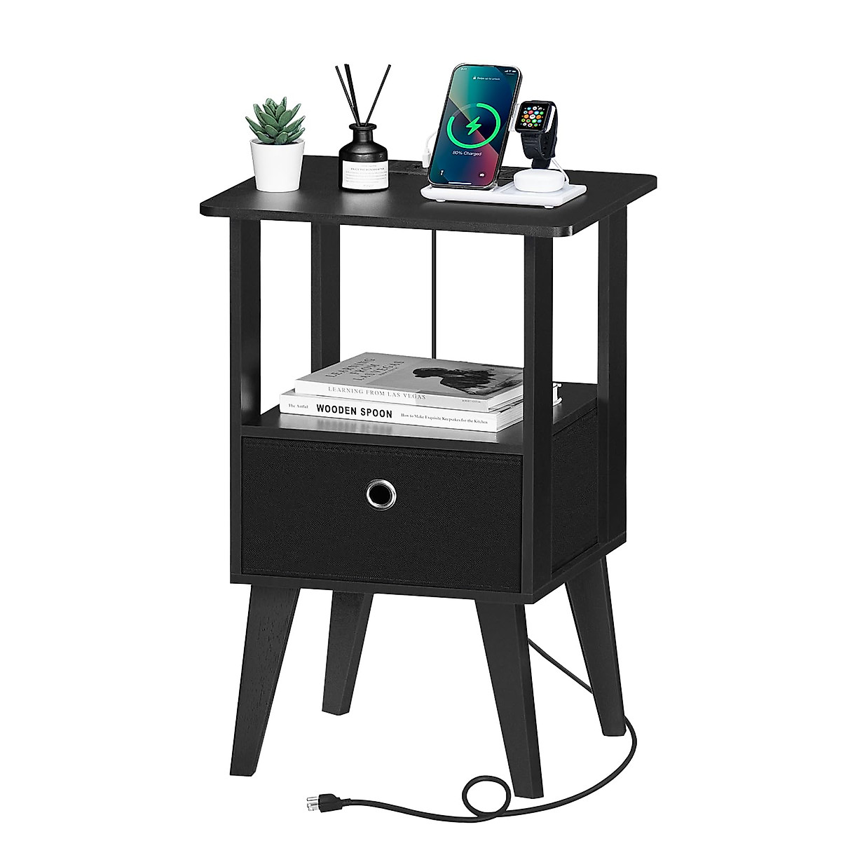 LELELINKY Nightstand with Charging Station,mid Century Modern Night Stand with Fabric Drawer and Open Storage Shelf, Bedside Table with USB Ports and Outlets, Small End Table for Bedroom, Black
