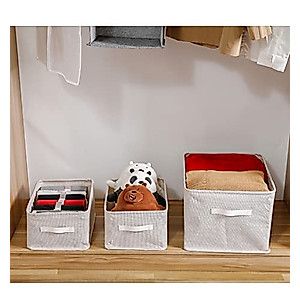 Jelier Fabric Collapsible Shelf Storage Basket,Multipurpose Linen Bin Organizer for Toys,Toiletries,Office Supplies,DVDs,Books,Clothes,Paper Rolls (L, beige)