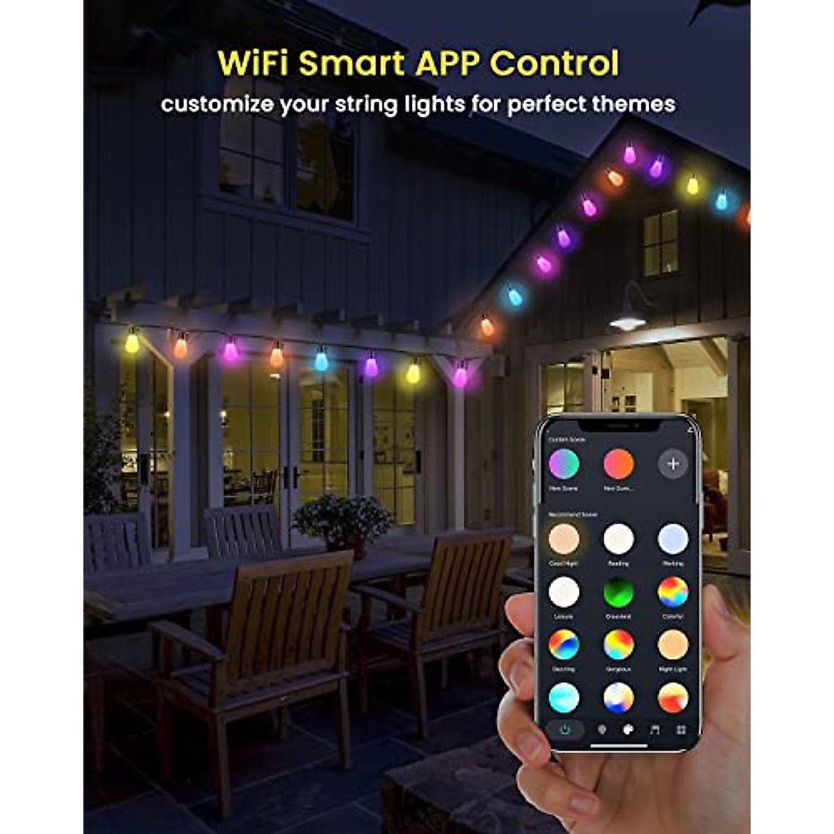 ASAHOM Smart Outdoor String Lights, 45FT Waterproof Dimmable RGB Patio Lights, 15 Shatterproof Multi-Color LED Bulbs, Voice & WiFi APP Control Lights, 30 Scene Modes, Connectable for Party Backyard