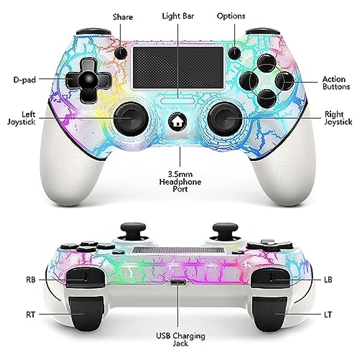 AceGamer Wireless Controller for PS4, White Crack Custom Design with RGB Light,1000mAh Battery and 3.5mm Audio Jack, V2 Gamepad Joystick Compatible with PS4/Slim/Pro and Windows PC! (White-Light Up)