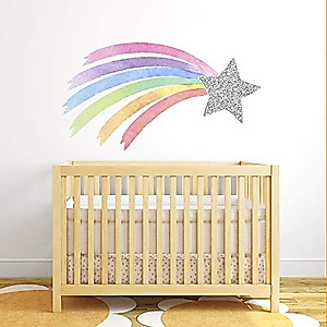 Shooting Star Rainbow Wall Decal Pastel Watercolor Unicorn Nursery Girls Bedroom Decor Silver Star & Rainbow Wall Decor ND04 (24"W x 14"H inches)