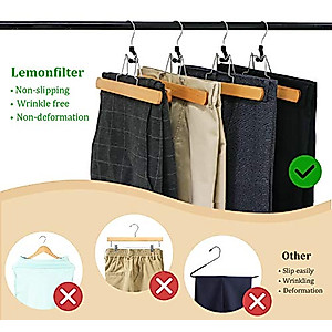 Wooden Pant Hangers, Lemonfilter 12 Pack Pant Hangers Wood with Non Slip Padded Velvet, Non Slip Pants Pangers with 360° Swivel Hook, Natural Wooden Dress Pants Hangers for Men, Skirts, Trousers, Wigs