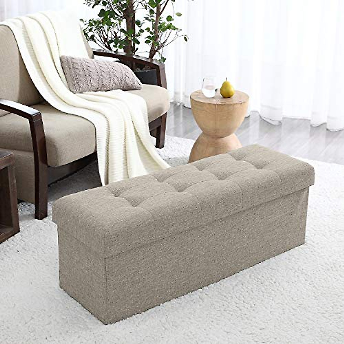 Ornavo Home Foldable Tufted Linen Large Storage Ottoman Bench Foot Rest Stool/Seat - 15" x 45" x 15" (Beige)