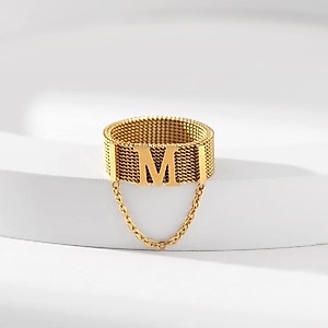 Yumikoo Golden Hip Hop Chain Rings Titanium Stainless Steel Rings for Women Size8