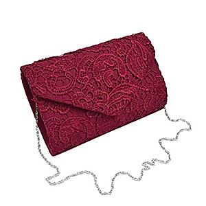 Lace Paisley Floral Fabric Satin Envelope Flap Clutch Evening Bag, Burgundy One Size