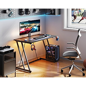 MOTPK Small Gaming Desk with LED Lights & Power Outlet, Computer Desk 39inch for Small Space, Cheap Gaming Table with Carbon Fiber Texture, Kids Desk Gift for Boys Men, Black