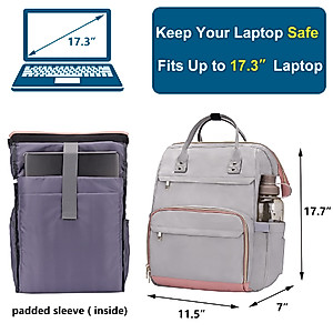 Erihop Teacher Backpack 17 Inch Laptop Bag for Women Fashion Backpack Purse, Work Backpack Tote Computer Bag with Charging Port,Travel Backpack, Grey&Pink