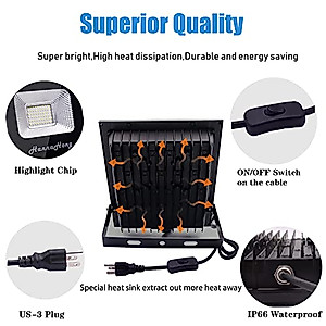 HANNAHONG 50W LED Flood Light Plug in with Switch,6000LM Cool White,Bright Security/Work/Plant Grow Outdoor Light,IP66 Waterproof,Reflector Exteriore Spotlight for Porch, Garage,Patio,Yard,Garden