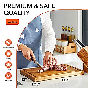 Befano Acacia Wood Cutting Board with Compartments 17"x 12"x 1.25", Extra Thick Reversible Butcher Block Cutting Board with Juice Grooves, Charcuterie Board for Meat, Cheese and Vegetables