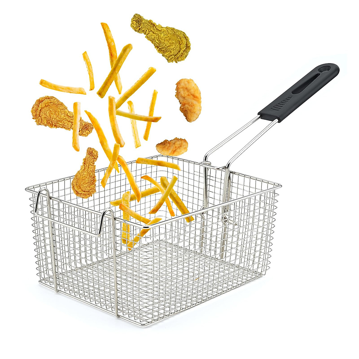 Delizon Electric Fryer Basket for Frying Serving Food, with Rubber Handle Grip, 7.2" x 8.3" x 4.3" Heavy Duty Construction Suitable for fry chicken, fish, french fries