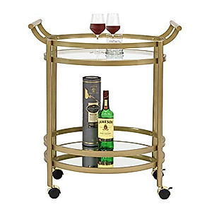 Studio Designs Home Palazzo Modern 2-Tier Oval Metal Rolling Bar, Serving, Utility Mobile Cart with Handles and Spill Guard in Gold/Clear Glass and Mirror, 27" W x 17.5" D x 33.25" H,
