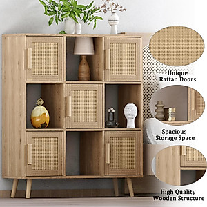 SSLine Boho Rattan 9-Cube Storage Organizer Rustic Wooden Bookcase with 4 Open Cubes & 5 Rattan Door Cabinets Free-Standing Bookshelf Display Cube Shelves for Living Room Home Office
