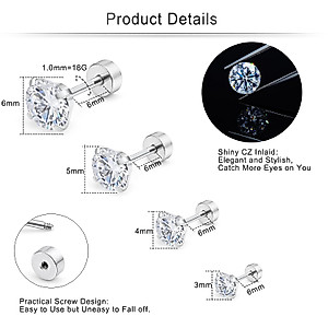 Cisyozi 18G Flat Back Stud Earrings for Women Men 316L Silver Stainless Surgical Steel Diamond Screw Back On Cartilage Helix Tragus Conch Ear Lobe Stud Earrings Set Pack Barbell Piercings Jewelry 6mm
