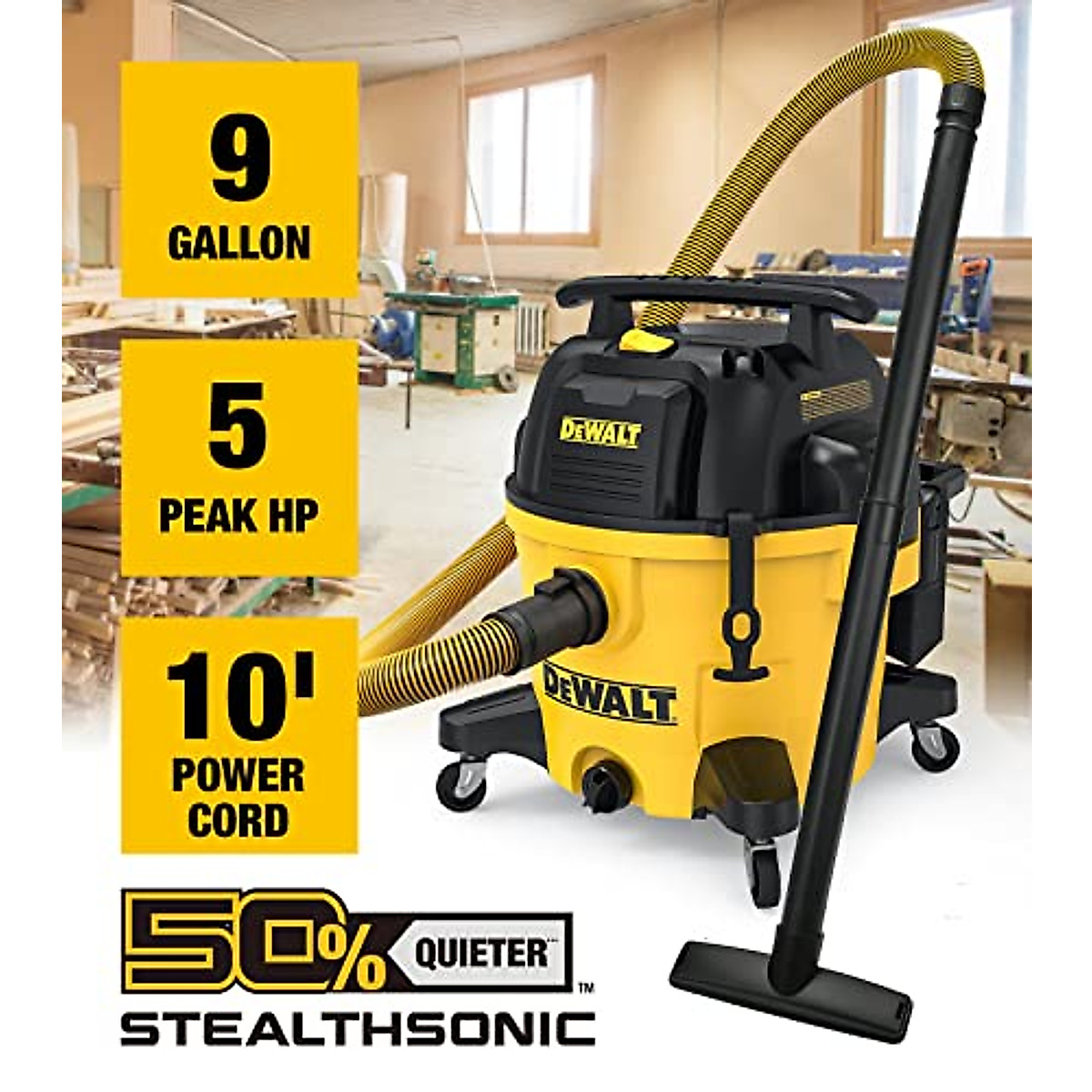 DEWALT 9 Gallon STEALTHSONIC Ultra Quiet Poly Wet/Dry Vacuum, DXV09P-QTA Newest Noise Reduction Vac, Heavy Duty Shop Vacuum for Jobsite/Workshop, Reduce Motor Noise, Yellow