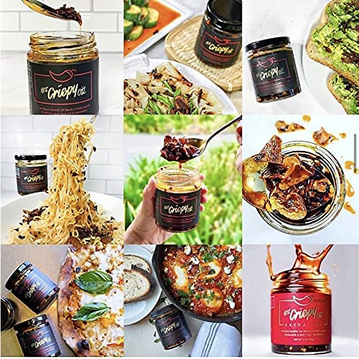 Hot Crispy Oil, An all natural unique blend of fresh fried shallots, fresh garlic and a proprietary blend of three different chili peppers. Highly addictive.