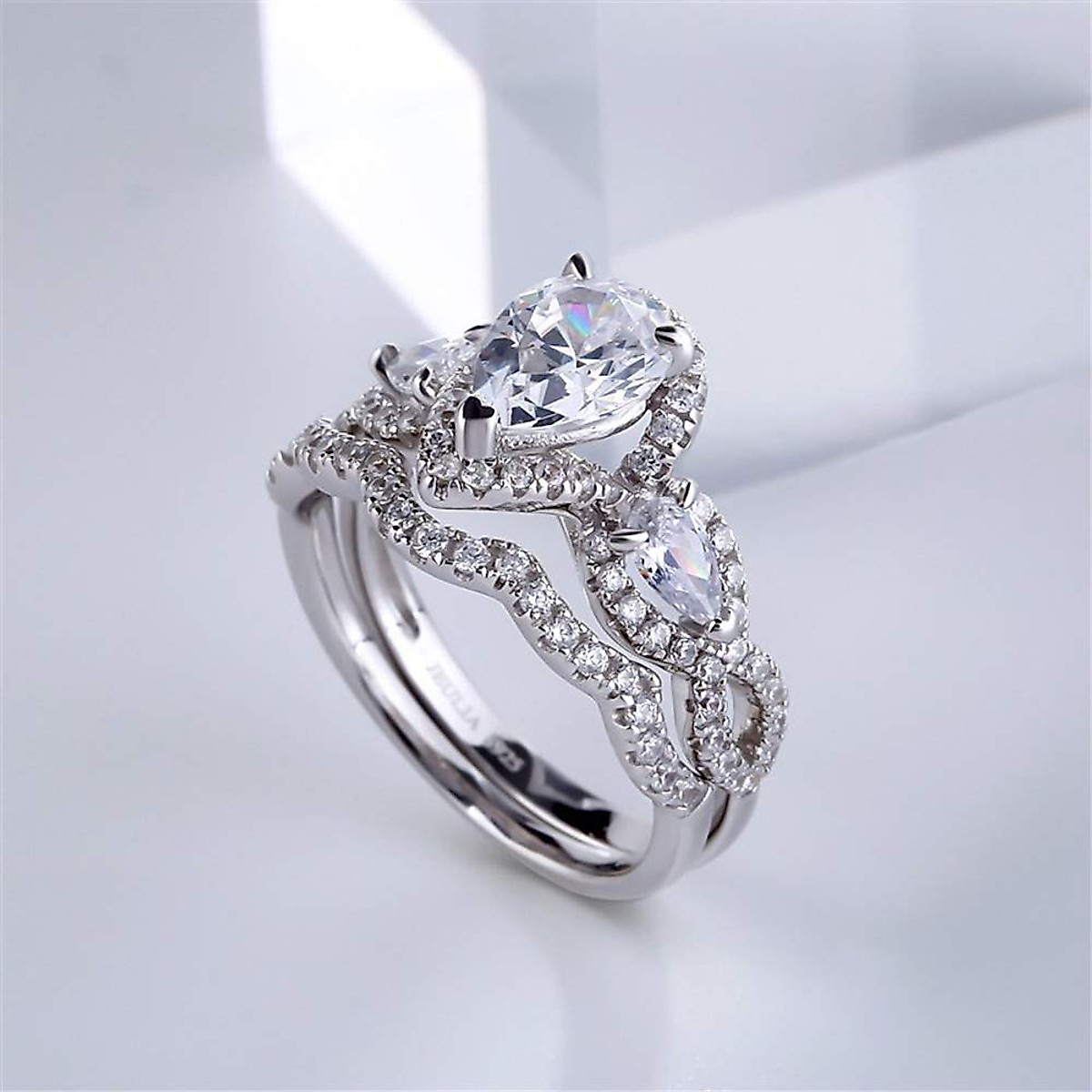 Jeulia 3 Carat Women Three Stone Wedding Ring Set 925 Sterling Silver Pear Cut CZ Engagement Rings Halo Twist Eternity Promise Rings Anniversary with Jewelry Gift (Silver, 9.5)