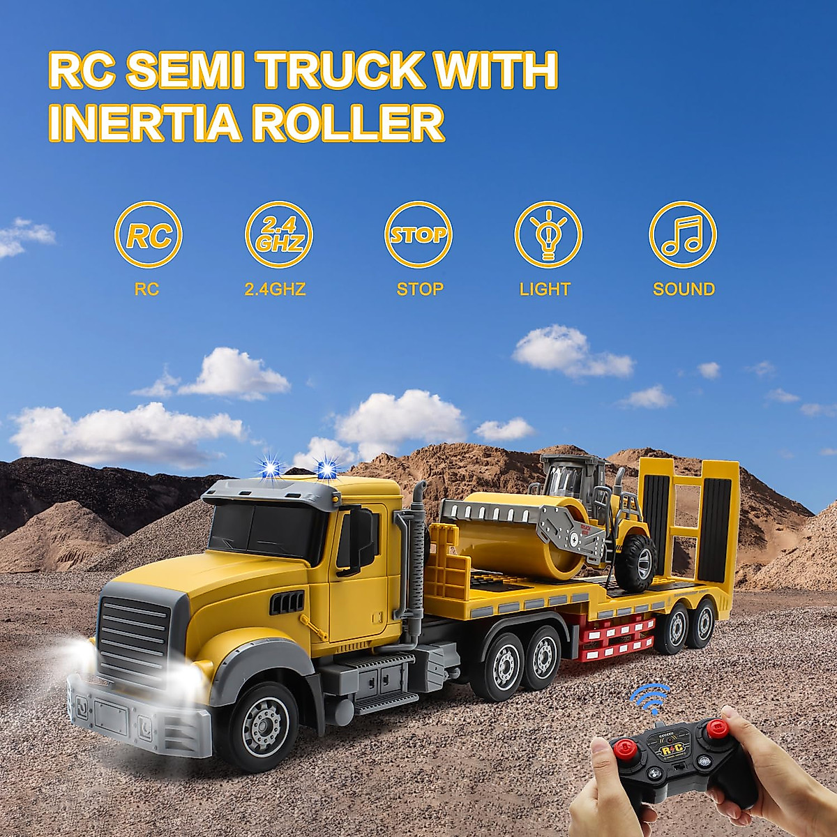 Fistone RC Semi Truck with Trailer, 1:24 RC Semi-Trailer Engineering Tractor with Sound and Lights, 2.4Ghz Remote Control Flatbed Truck with Road Roller Toys, Construction Vehicles Toy for Boys
