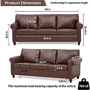 Brown Leather Couch, Comfy Classic 3 Seater Living Room Sofa，Mid-Century Modern Sofa with Detachable Cushions 84" for Living Rooms, Bedrooms, Offices,Apartments Tool-Free Assembly(Brown PU + Sofa)