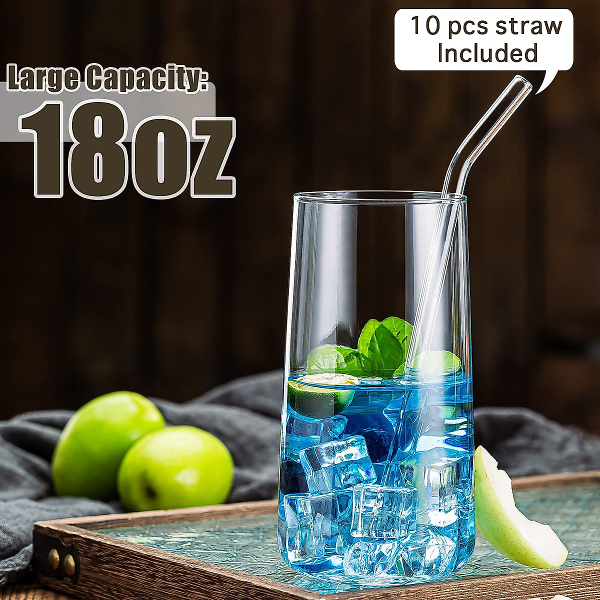 Claplante 18 oz Water Juice Drinking Glasses with Straws, Set of 8 Highball Glasses, Durable Drinkware Cups for Cocktails, Juice, Beer, Wine, Special Edition Glassware Set, Avant-Garde Collection