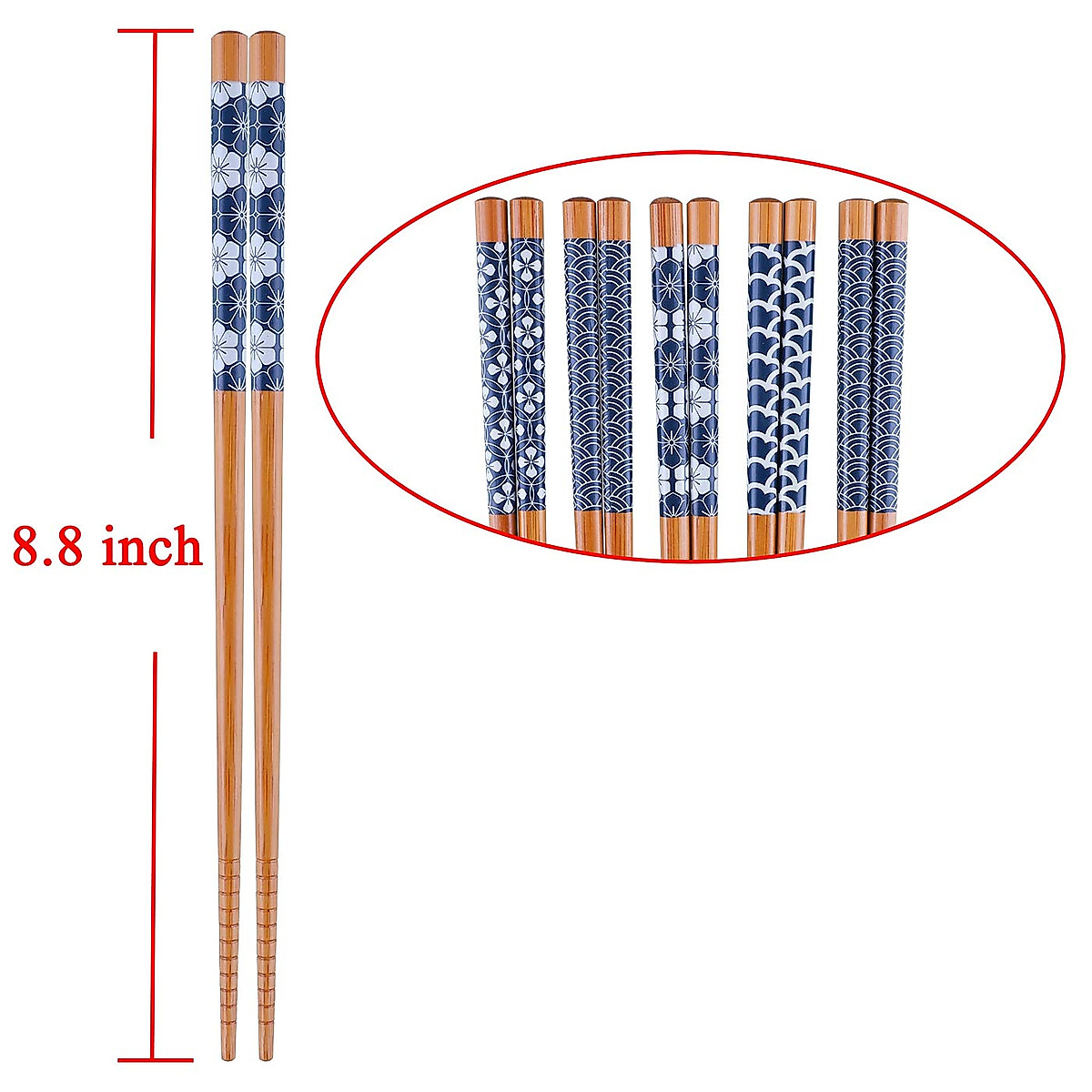 Antner 5 Pairs Natural Bamboo Chopsticks Reusable Classic Japanese Style Chop Sticks Gift Sets, Dishwasher Safe, 8.8 Inch/22.5cm