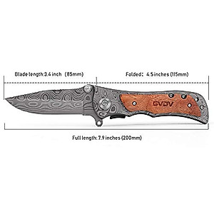 GVDV Pocket Folding Knife with 7Cr17 Stainless Steel, Tactical Knife for Camping Hunting Hiking, Safety Liner-Lock + Belt Clip, Wooden Handle, Father’s Day Gifts for Men Husband Dad