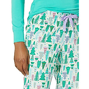Amazon Essentials Women's Lightweight Flannel Pant and Long-Sleeve T-Shirt Sleep Set, Ecru Festive Tree, Large
