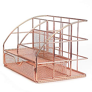 Ogrmar Rose Gold Desk Supplies Organizer, Multi-functional Mesh Desk Organizer with 6 Compartments & Desk Drawer Organizer for Office Supplies and Desk Accessories（Rose Gold） (9" X 6" X 6")