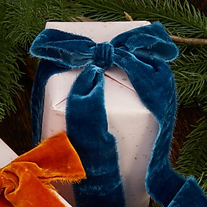 Keypan Blue Velvet Ribbon for Gift Wrapping - 1 1/2 inch Wide Handmade Fringe Fabric Ribbon for Christmas Decorations, Baby Shower, Flower Bouquet