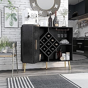 24/7 Shop at Home Danforth Modern 48 in. Wood 4 Shelves Buffet, Sideboard with Bifold-Door, Wine Bottle Holder, Stemware Rack for Dining Room, Kitchen, Black