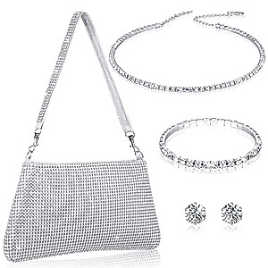 4 Pieces Silver Clutch Purses and Rhinestone Jewelry Set for Women Evening Diamond Sparkly Purses Necklace Bracelet Earrings for Wedding Bridal Party (Rhinestone Style)