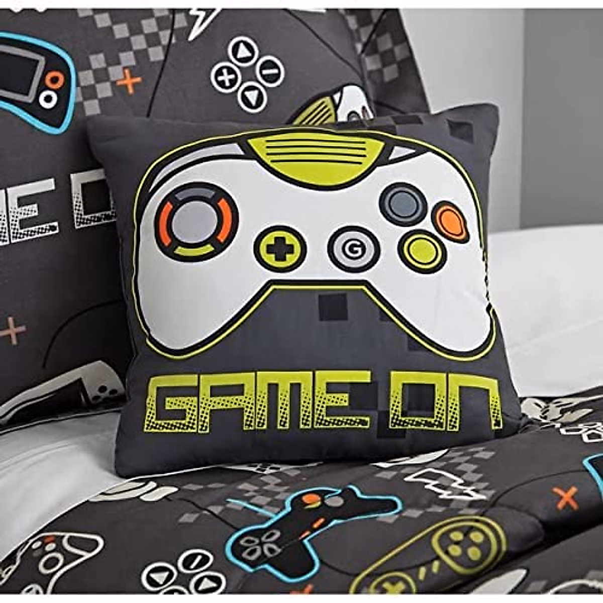 Heritage Kids Twin/Twin XL Glow in The Dark Gaming Comforter 5 Piece Set with String Light and Flashlight,Grey