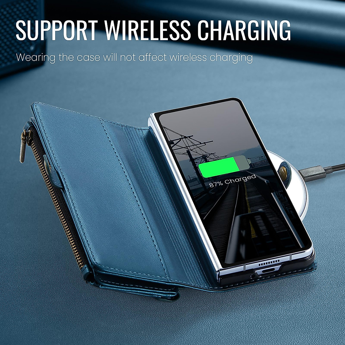 Defencase Wallet Case Compatible with Samsung Galaxy Z Fold 5 with RFID Blocking Card Holder & S Pen Holder PU Leather Magnetic Snap Flip Zipper Strap Phone Case Fit for Galaxy Z Fold 5, Dark Blue