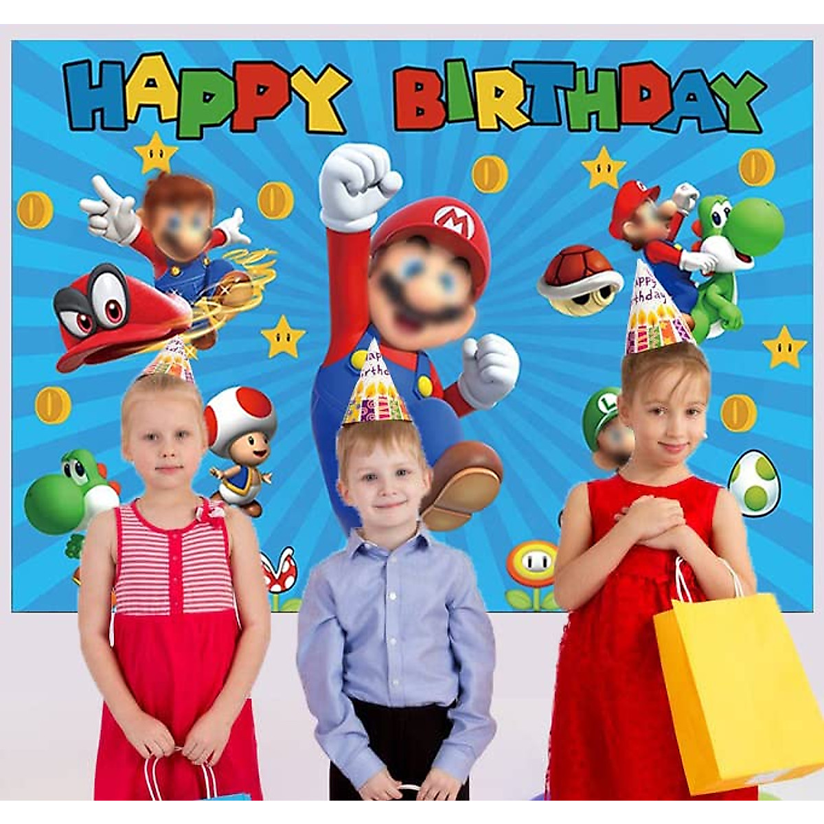 Super Brother Gold Coin Video Game Backdrop Cartoon Mushroom Turtle Happy Birthday Party Backdrop Background Baby Shower Supplies Cake Table Decoration Banner Photo Booth Props 7X5FT