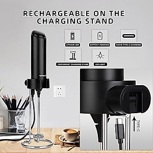 WINETELL Rechargeable Handheld Electric Milk Frother with USB C Charging Stand for Lattes- Powerful Whisk Drink Frother Wand for Coffee, Hot Chocolate, Cappuccino, Frappe, Matcha