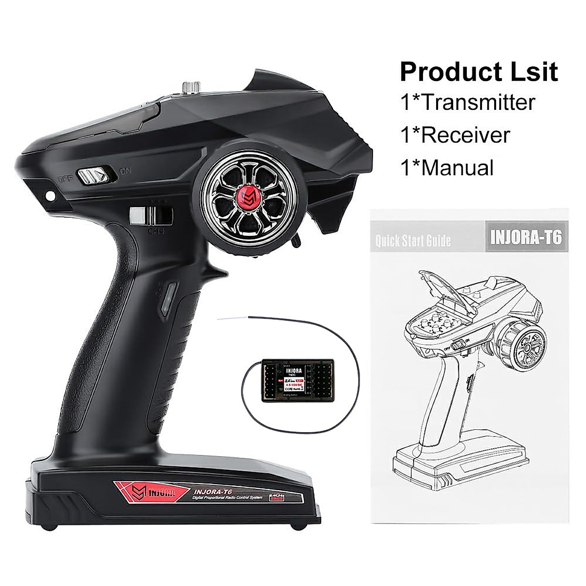 INJORA RC Transmitter 2.4GHz 6CH Controler and Receiver with Gyro Remote Inside Receiver for 1/8 1/10 RC Car Boat Tanks Crawler TRX4 SCX10 Upgrade Parts