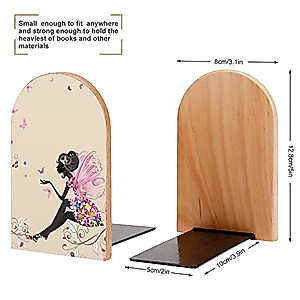 Hon-Lally Flower Fairy Girl with Pink Wing Elves Butterflies Wood Bookends Decorative Bookend Non-Skid Office Book Stand for Books Office Files Magazine