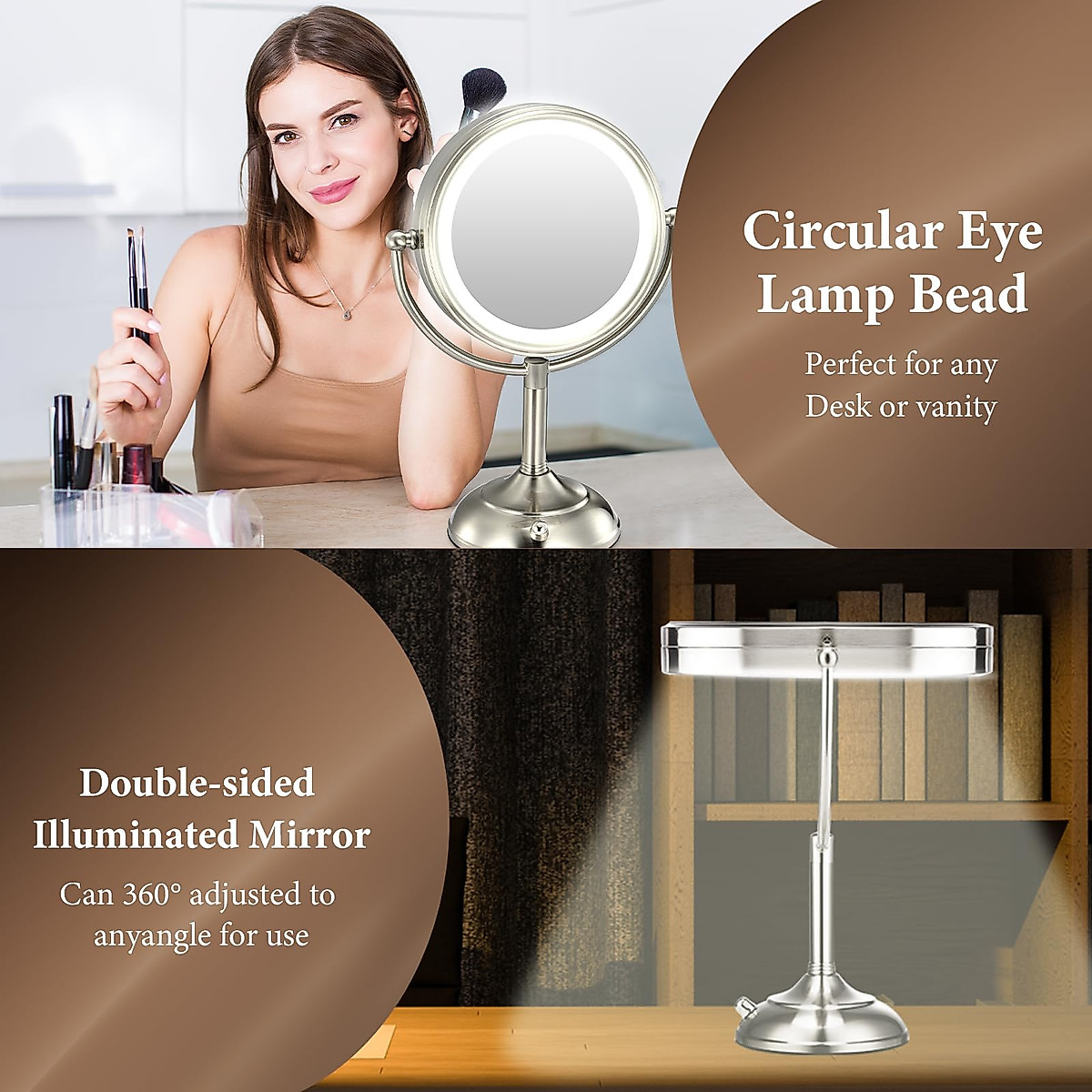 Professional 8.5" Large Lighted Makeup Mirror Updated with 3 Color Lights, 1X/10X Magnifying Swivel Vanity Mirror with 48 Premium LED Lights, Brightness Dimmable Cosmetic Mirror, Senior Pearl Nickel