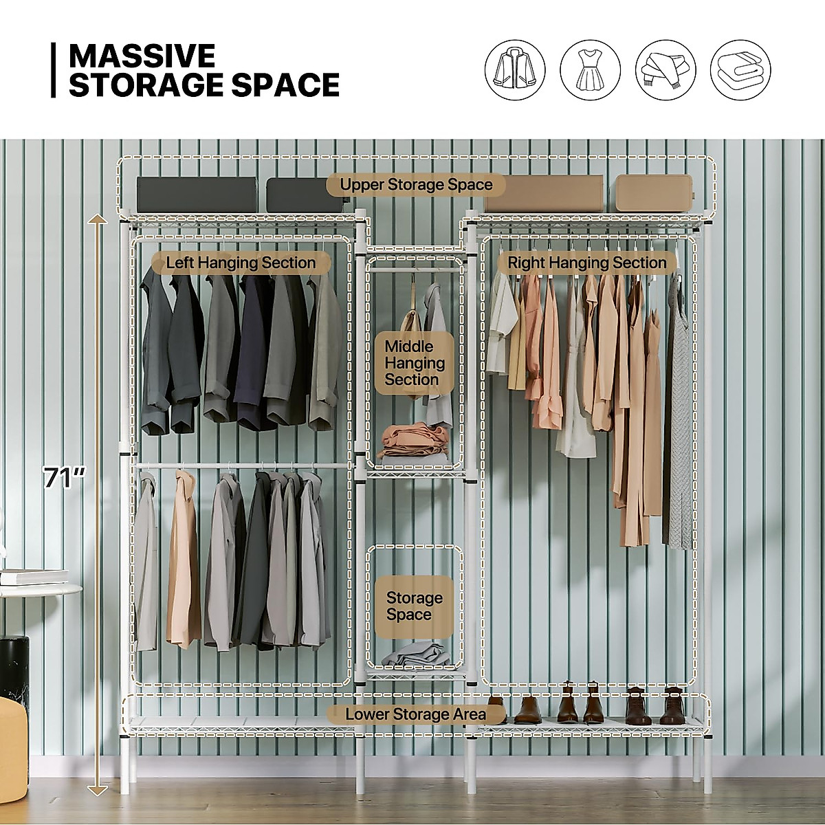 MoNiBloom Heavy Duty Carbon Steel Garment Rack, 66 Inch Expandable, with Shelves, for Hanging Clothes, Load 1000lbs, White