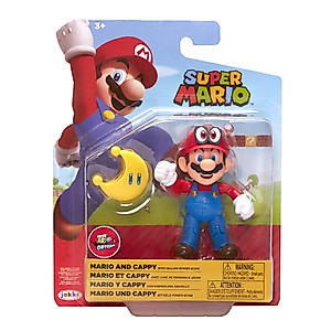 Super Mario Nintendo Collectible Mario Wearing Cappy 4" Poseable Articulated Action Figure with Yellow Power Moon Accessory, Perfect for Kids & Collectors Alike! for Ages 3+ (401344)