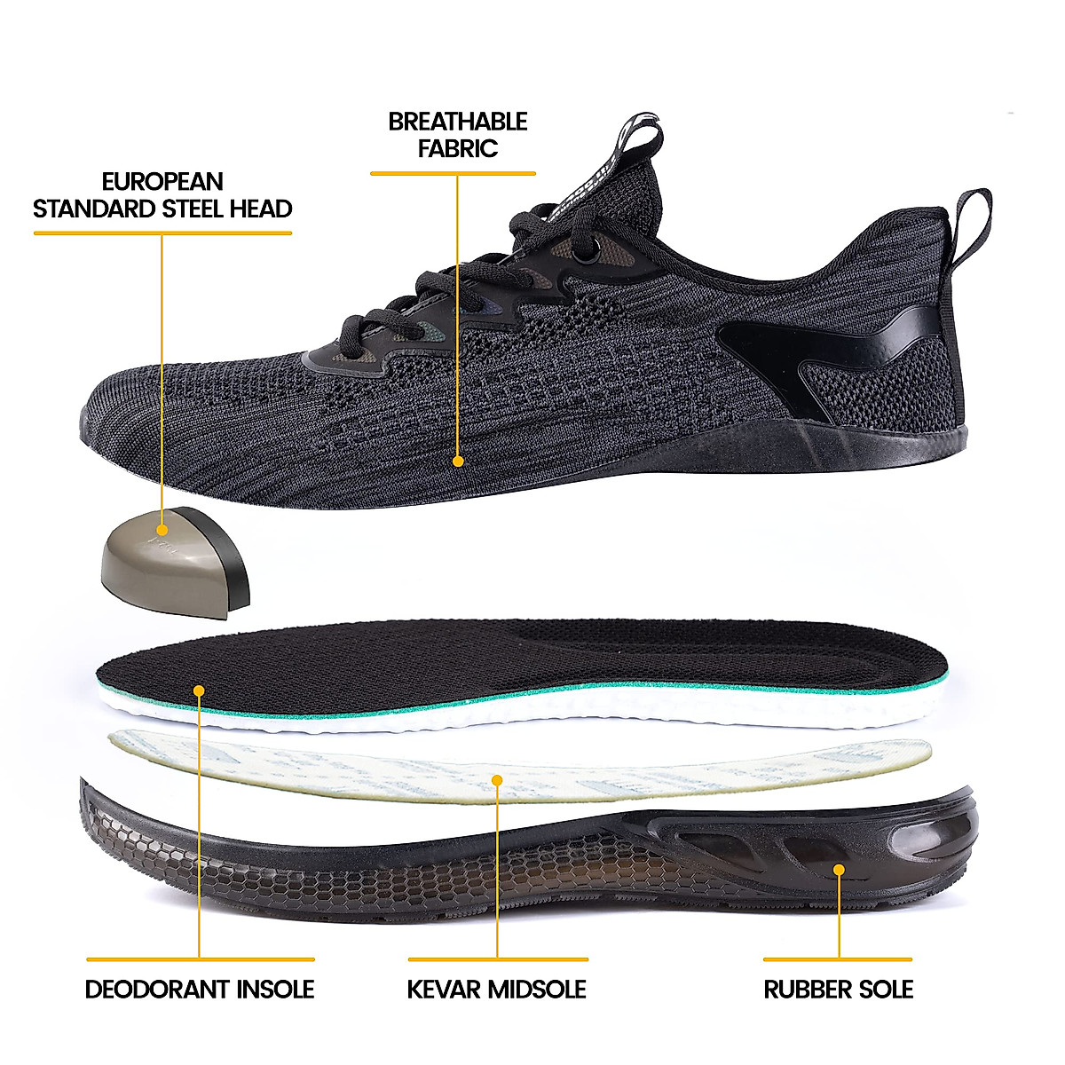 DINGGU Steel Toe Shoes for Men Lightweight Safety Indestructible Work Shoes Comfortable Breathable Non-Slip Slip on Composite Toe Sneakers for Industrial Construction Black 12