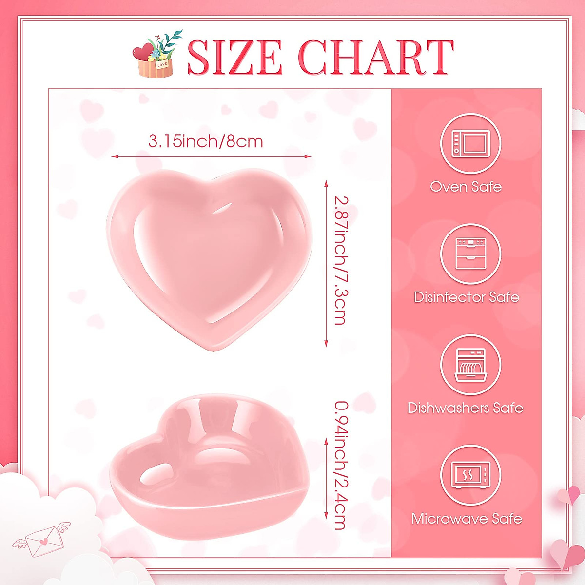Zopeal Heart Shaped Bowls Ceramic Dishes Valentine's Day Plates Multipurpose Salad Appetizer Plates Cooking Gifts for Candy Sauce Sushi Dipping Serving Wedding Anniversary Mother's Day(Pink, 12 Set)