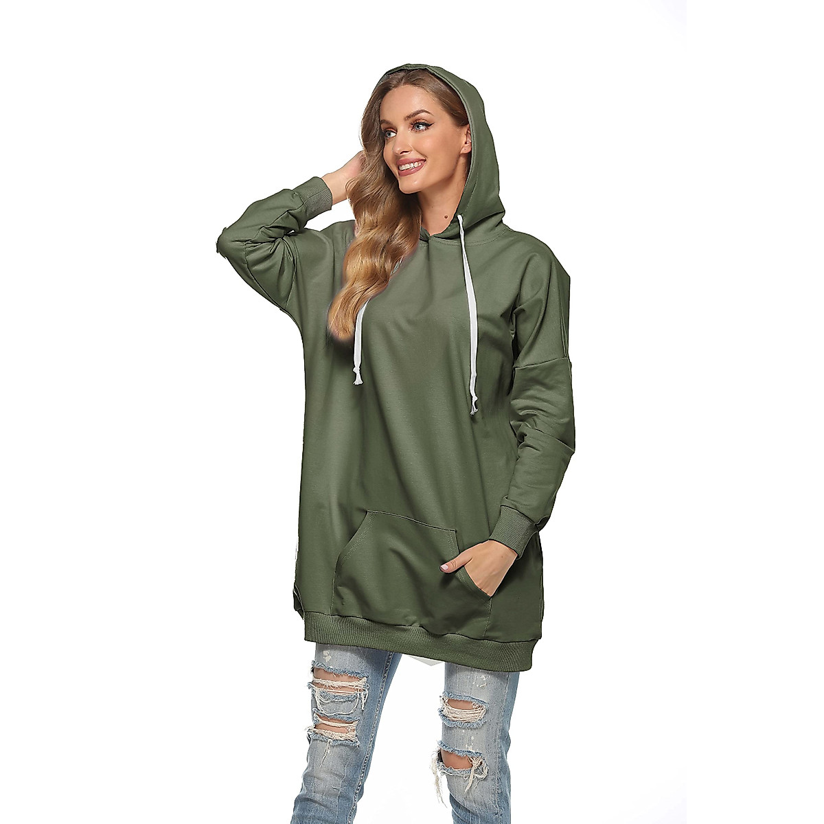 Famulily Womens Tunic Sweatshirts and Hoodies Oversized Drawstring Hood Unique Pullover Tops Army Green X-Large