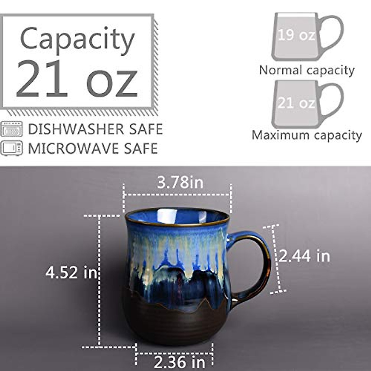 Bosmarlin Large Ceramic Coffee Mug, Blue Big Tea Cup for Office and Home, 21 Oz, Dishwasher and Microwave Safe, 1 PCS