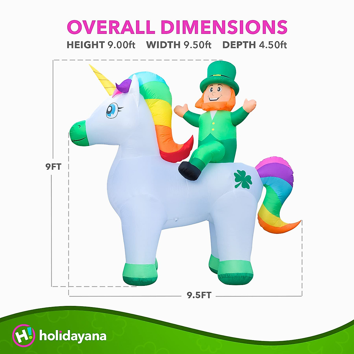 Holidayana 9ft St Patricks Day Inflatable Leprechaun Riding Unicorn - Leprechaun and Magical Unicorn Blow Up Yard Decoration, Includes Built-in Bulbs, Tie-Down Points, and Powerful Built-in Fan