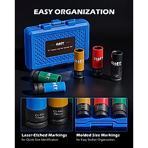 Orion Motor Tech 1/2" Drive Lug Nut Socket Set, Metric 17 19 21 mm & SAE 13/16 7/8 in. Wheel Socket Set, 5pc Impact Lug Nut Socket Set, Thin Wall Lug Nut Socket Set with Colored Protective Covers