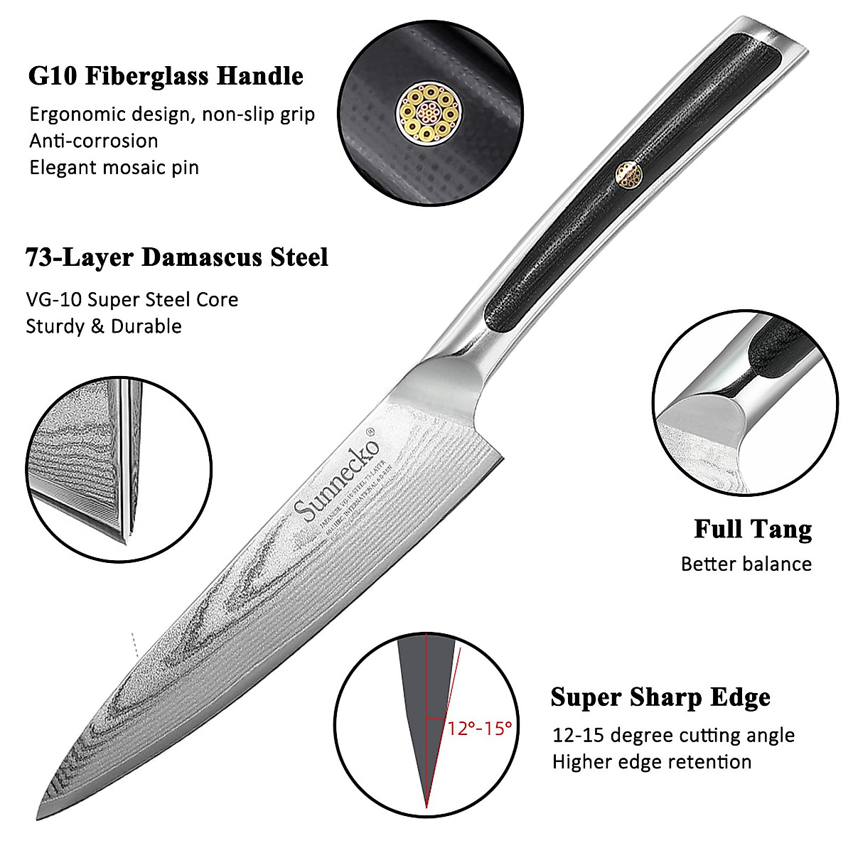 Sunnecko Utility Knife 5 Inch, Paring Knife Damascus Steel VG-10 Blade Fruit Knife, Small Kitchen Knife with G10 Inlaid Handle Peeling Knife Perfect for Cutting Fruit Vegetables Petty Knife Gift Box