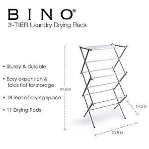 BINO 3-Tier Collapsible Drying Racks | White | Air Drying & Hanging | Foldable Portable Indoor & Outdoor | Space Saving Clothes Dryer Stand | Home Dorm Apartment Essentials