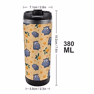 Cute Hippopo Pattern Travel Coffee Mug Reusable Insulated Drinking Cup with Lid for Home Outdoor Works 13 Oz